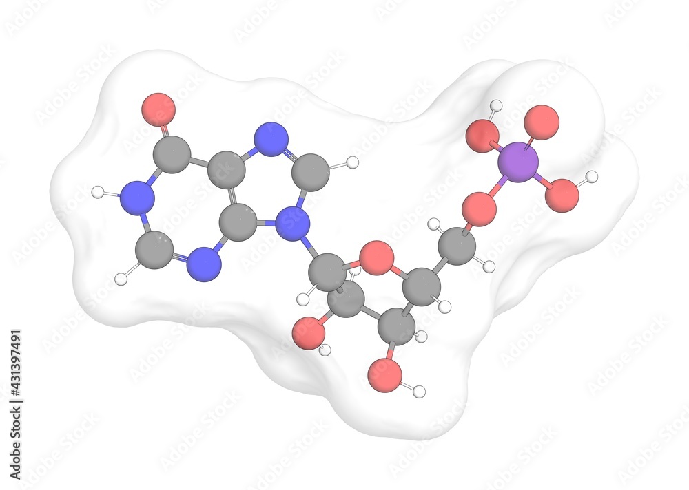 3D rendering of Inosinic Acid with white transparent surface over a ...