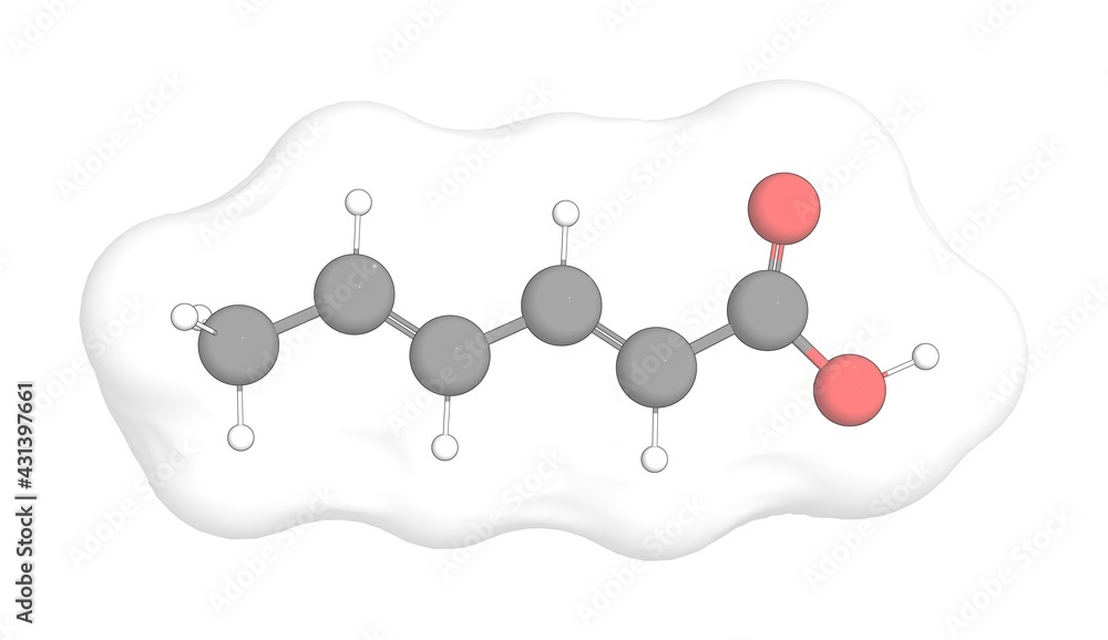 3D rendering of Sorbic Acid with white transparent surface over a white ...