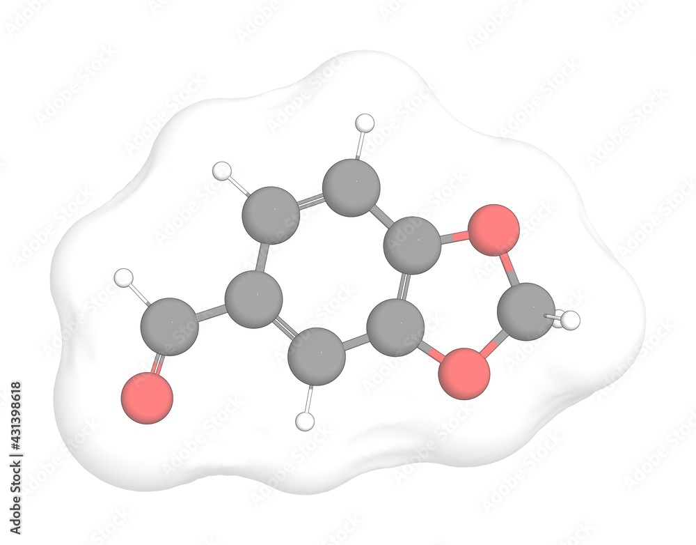 3D rendering of Piperonal with white transparent surface over a white ...