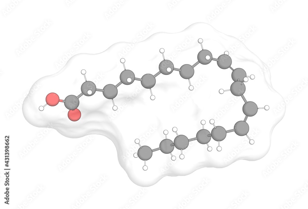 3D rendering of Linoleic Acid with white transparent surface over a ...