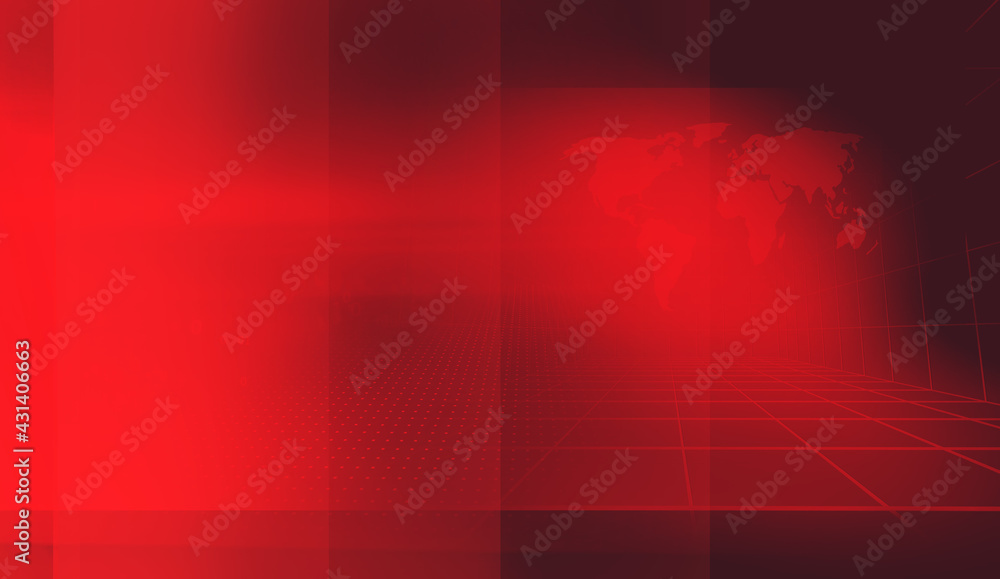3D rendering of graphical studio news red theme background with world ...