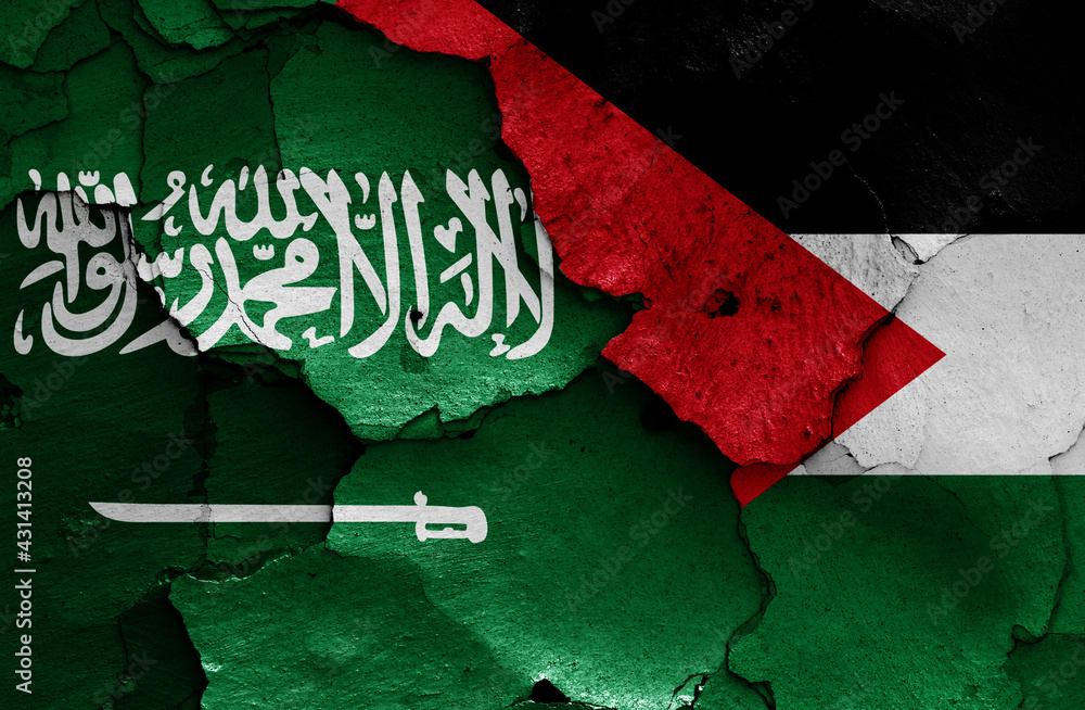 flags of Saudi Arabia and Palestine painted on cracked wall Stock Photo ...