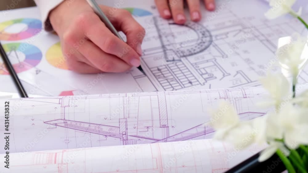 Hands use pencil with a protractor. Architectural Project drawings with ...