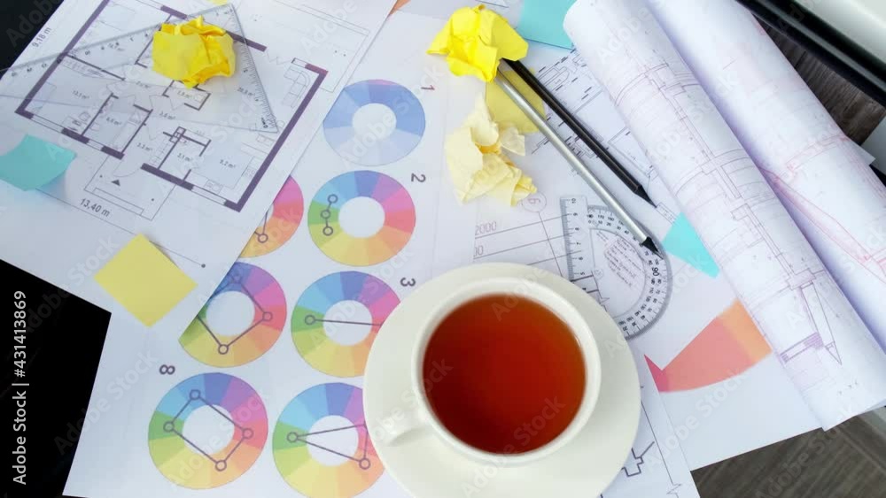 4k Architect designer Interior creative working hand using colorful ...