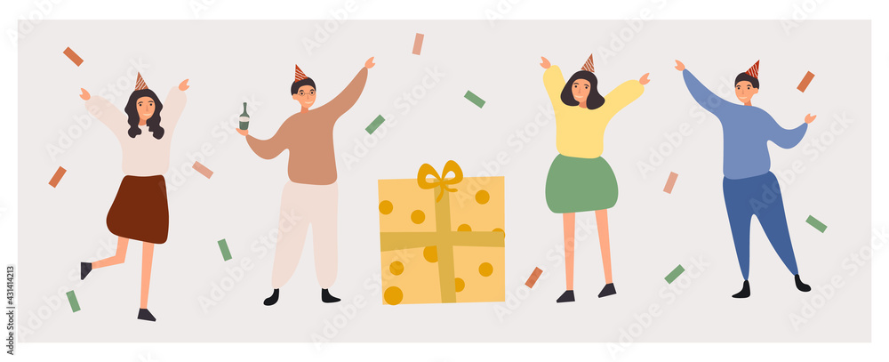 Group of happy people raising hands celebrating birthday party with ...