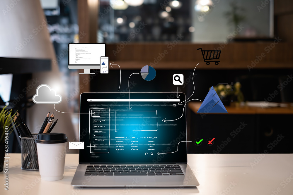 Mock up laptop conputer on desk in modern office with icon. web ...