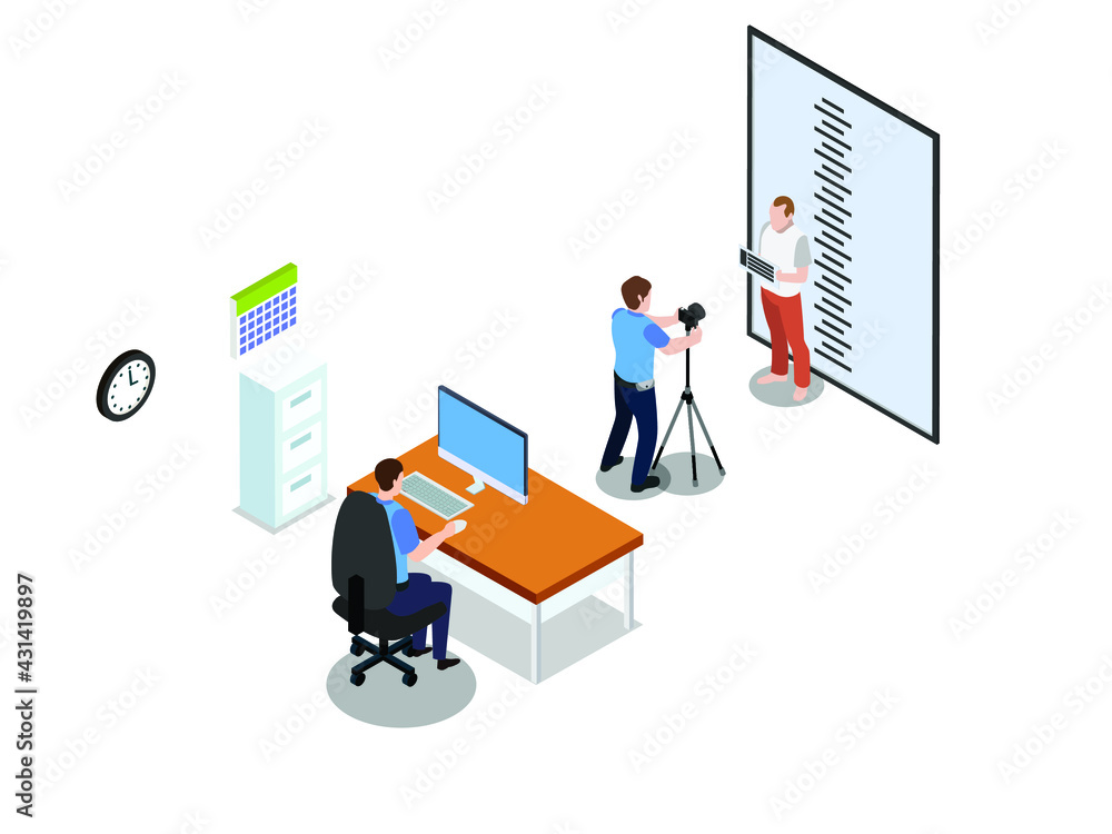 Police activity vector concept. Two policeman officer taking a mugshot ...