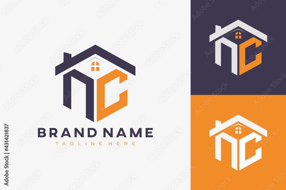 hexagon NC house monogram logo for real estate, property, construction ...