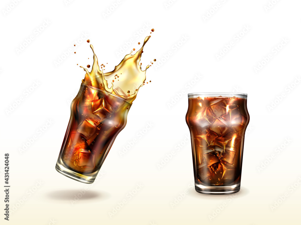 Splash cola, soda, cold tea or coffee with ice cubes. Splashing drink ...