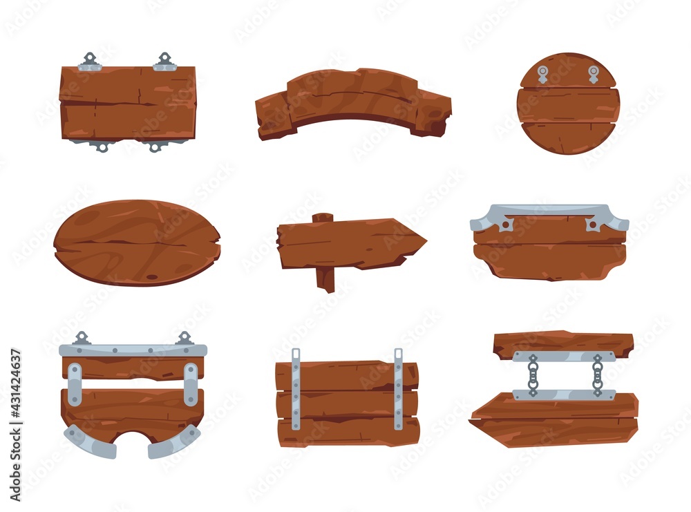 Wooden sign. Signboard of wood with iron chains. Cartoon brown boards ...