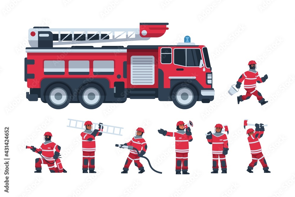 Fireman. Cartoon fire engine and firefighters. Professional rescuers ...