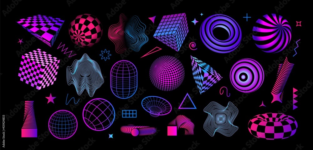 Retro futuristic shapes. Abstract geometric figures. Bright cubes and ...