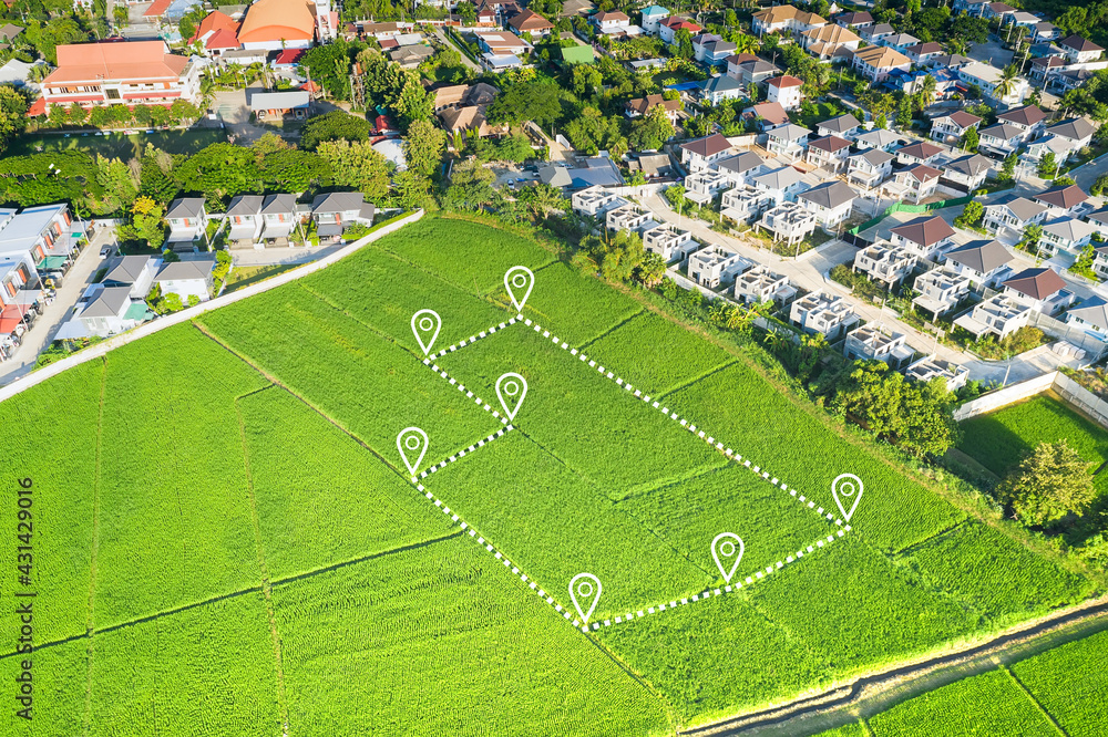Land plot in aerial view. Gps registration survey of property, real ...