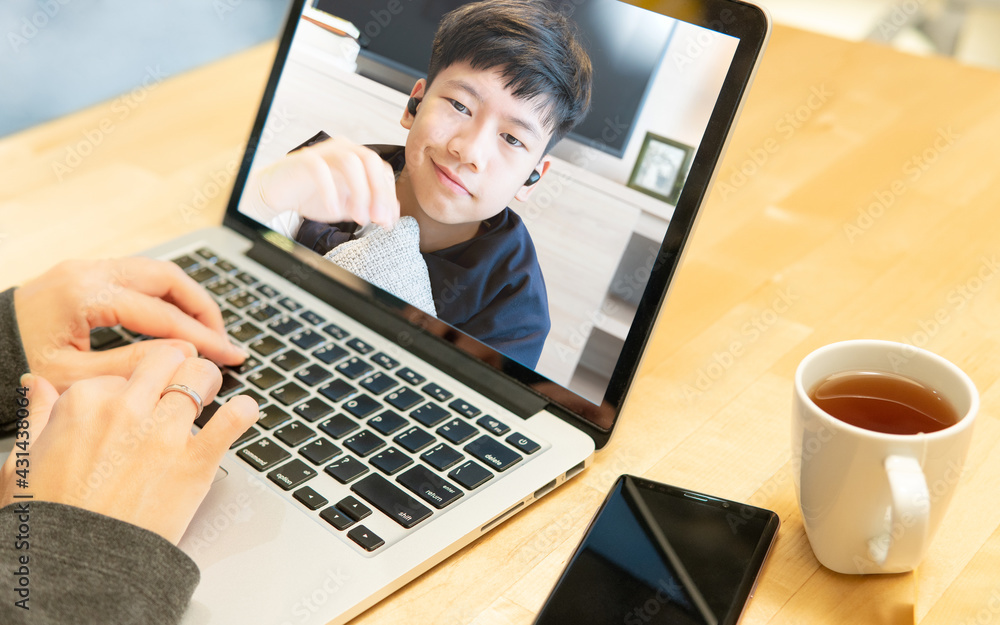 Face to face video call application during Covid 19 pandemic concept. A ...