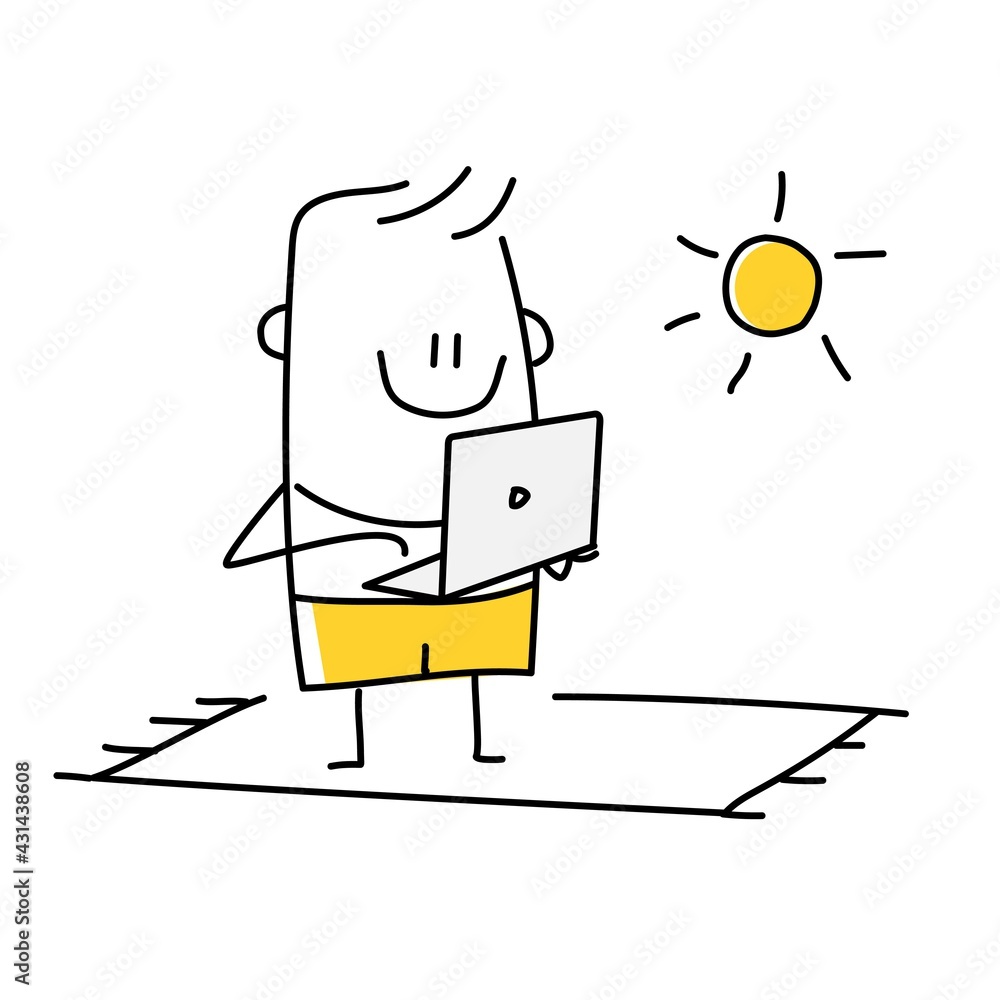 Happy stickman on the beach with a laptop Stock Vector | Adobe Stock