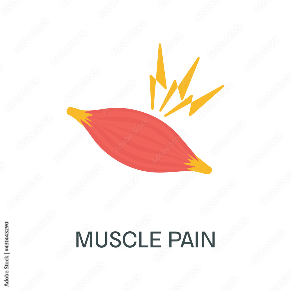 Muscle pain icon. Inflammation in muscular tissue. Body outline icon on ...