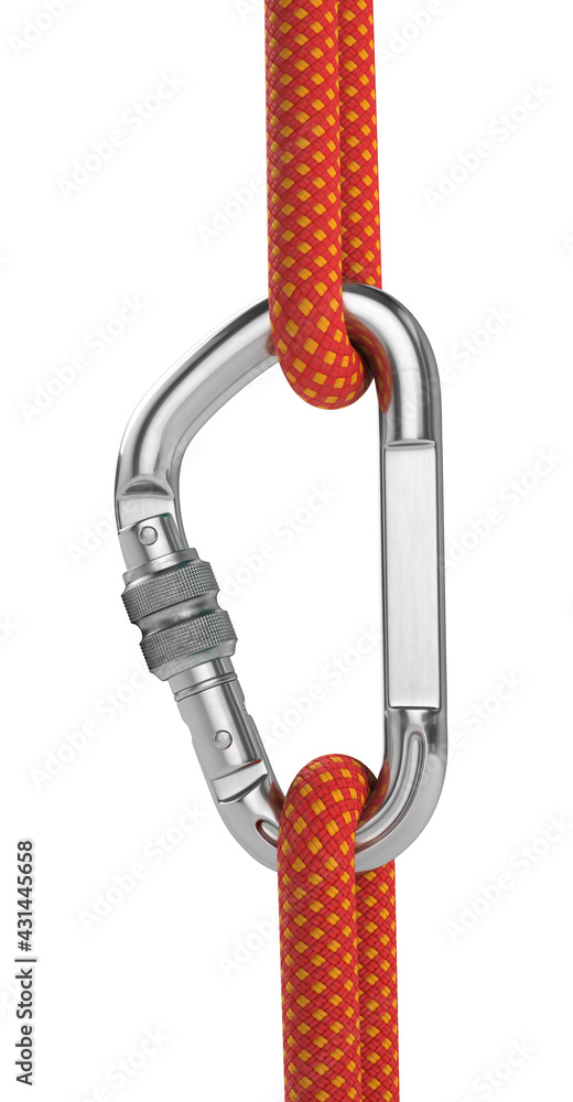 Steel carabiner hook with a climbing rope isolated on white. 3d ...