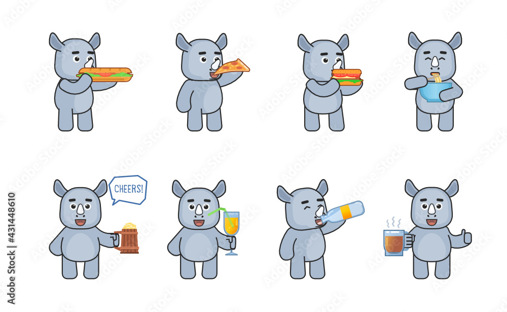 Cute rhino mascot eat various foods and drinks. Rhino eat fast food ...