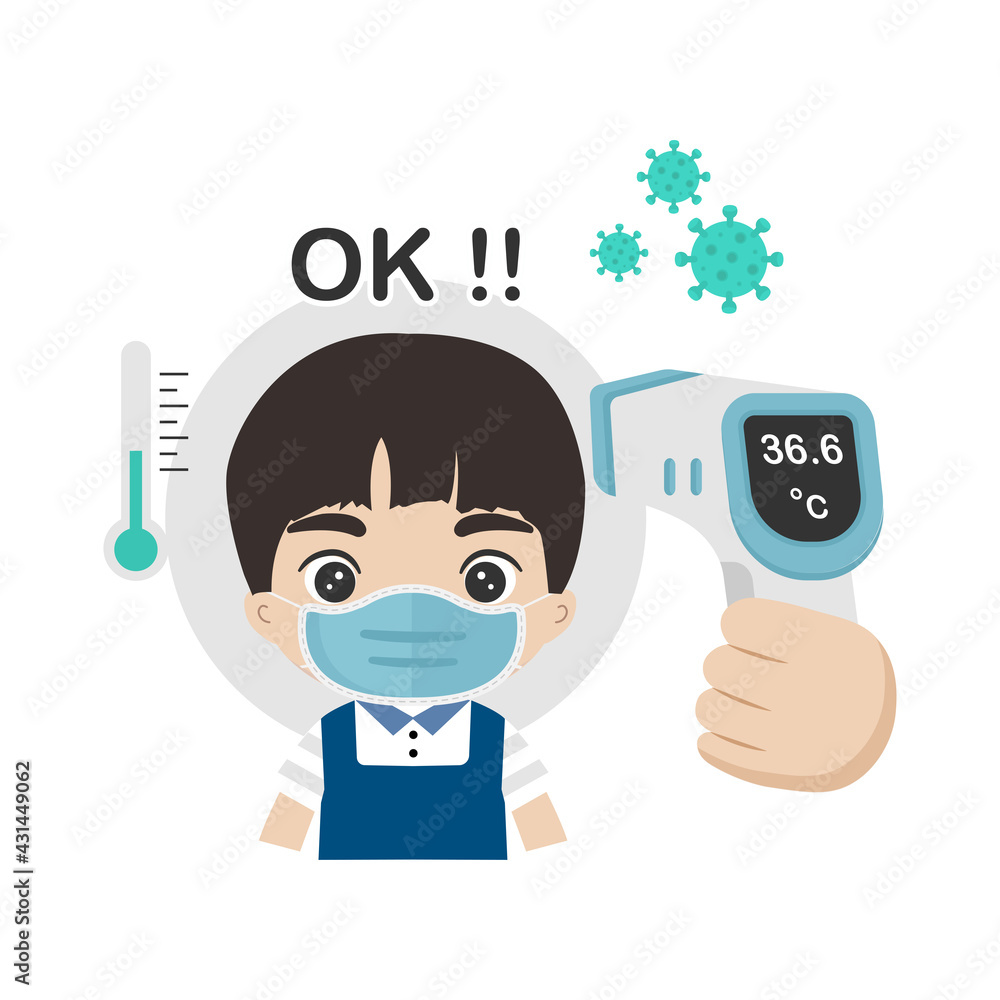 Kids measuring body temperature and wearing a face mask vector ...