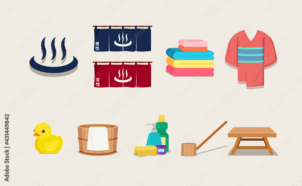 Japanese hot spring ( onsen ) flat vector icon illustration set ...