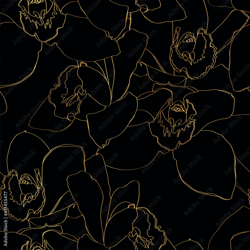 Luxury gold floral line art wallpaper. Orchid flower golden line design ...