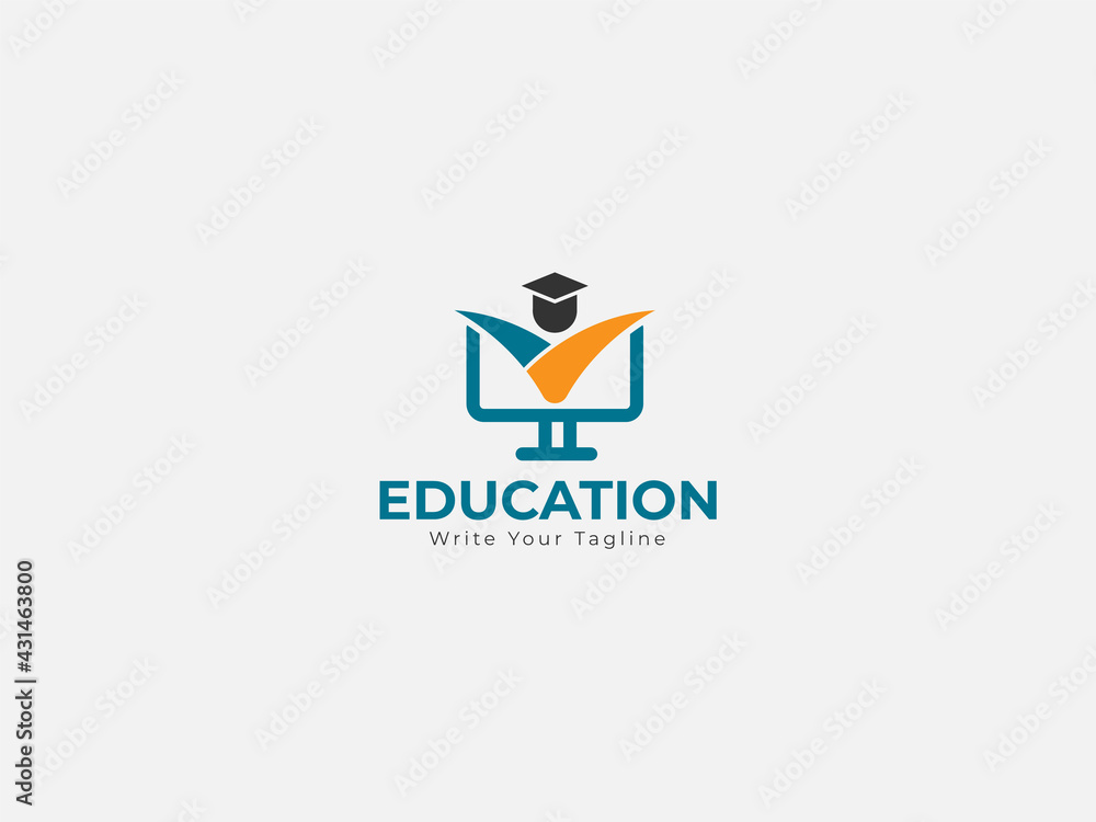 Education Logo online class concept, computer, human, hat, people in ...