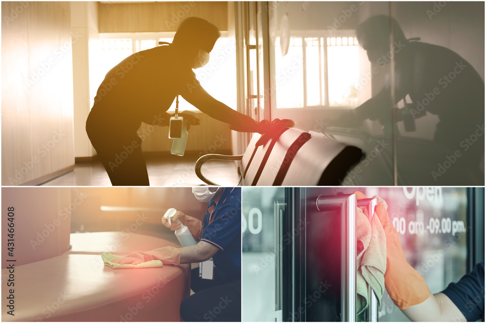 Collection of housekeeper cleaning service working at office. cleaning ...