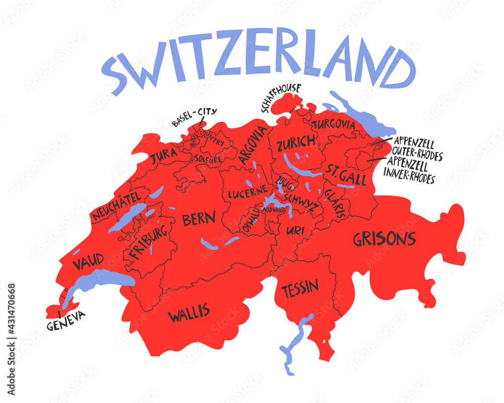 Vector hand drawn stylized map of Switzerland. Travel illustration of ...