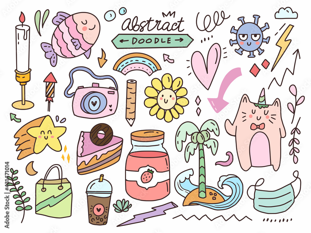 Cute doodle sticker girl collection set. Cartoon icon of cute object ...