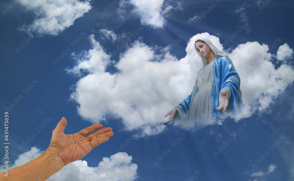 human pray to Mary in white clouds with light ray from heaven. religion ...