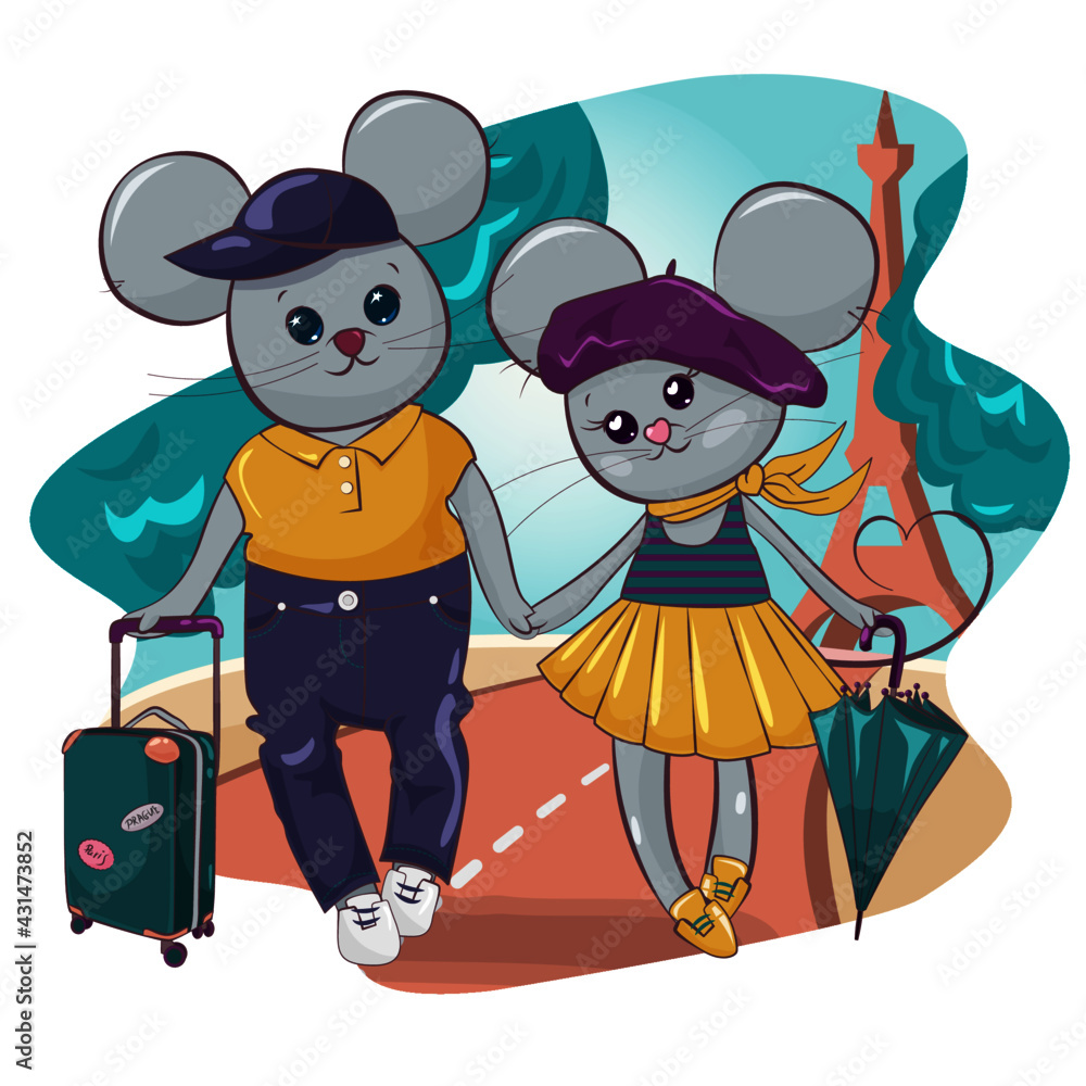 Vector illustration of a hand-drawn pair of travelers mice. Sticker ...