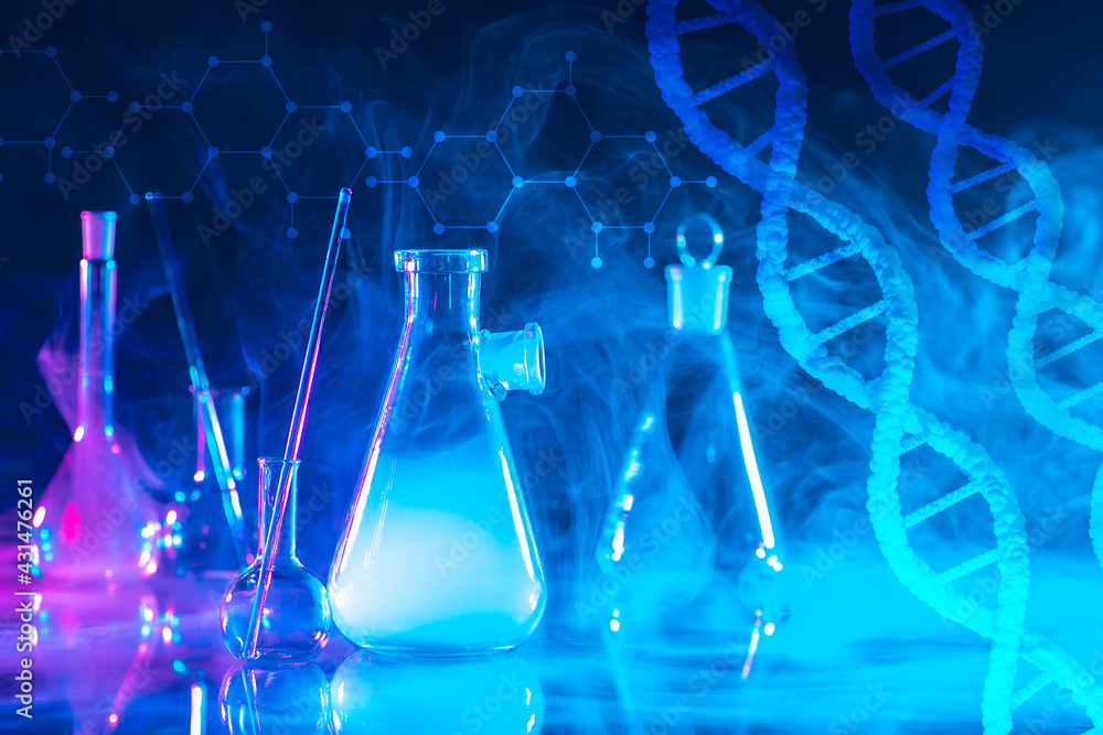 Blue scientific background with DNA and flasks. Genetic research ...