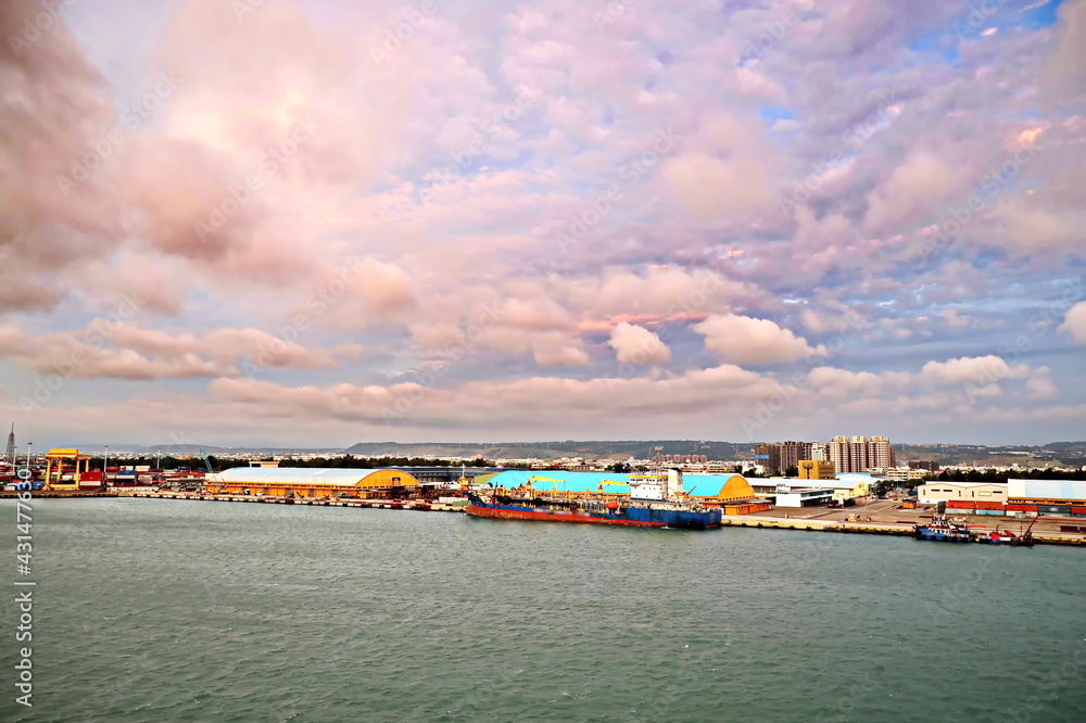 Various panoramic views of the port, piers, terminal and cityline of ...