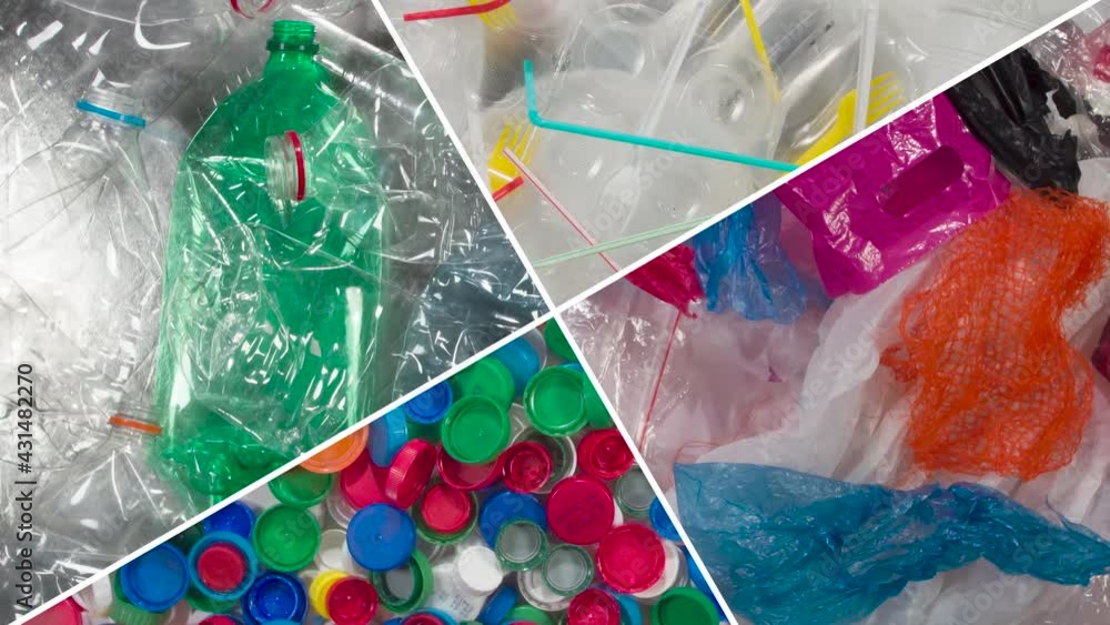 Variety of Plastic Waste for Recycling. Loop. The multiscreen shows ...