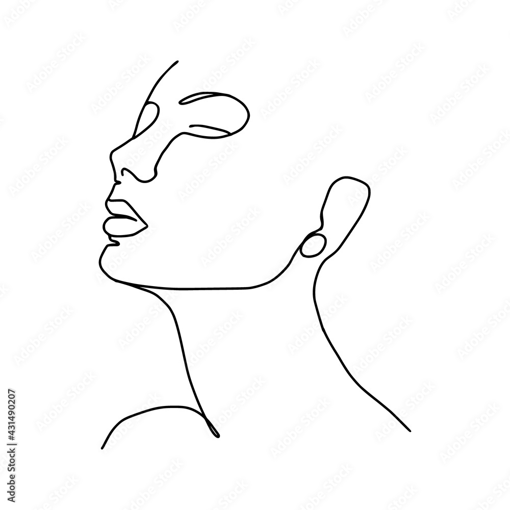 Abstract continuous line drawing. A girl with geometric and organic ...