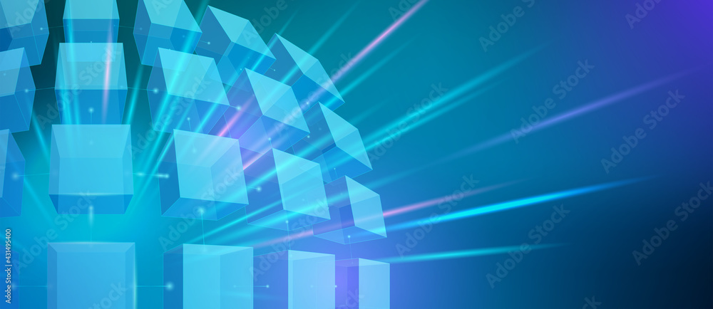 Abstract futuristic neon illustration with 3D cubes and rays on a blue ...