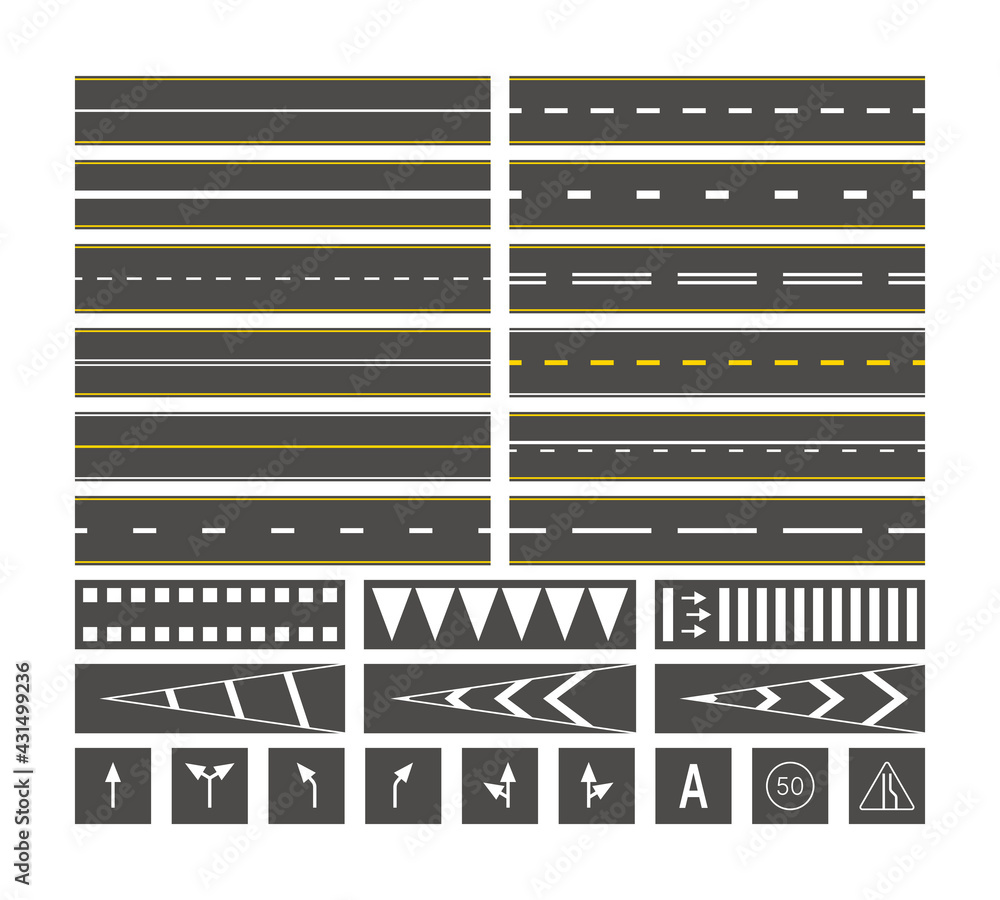 Road marks. Street lines on asphalt bus station marks speed signs ...