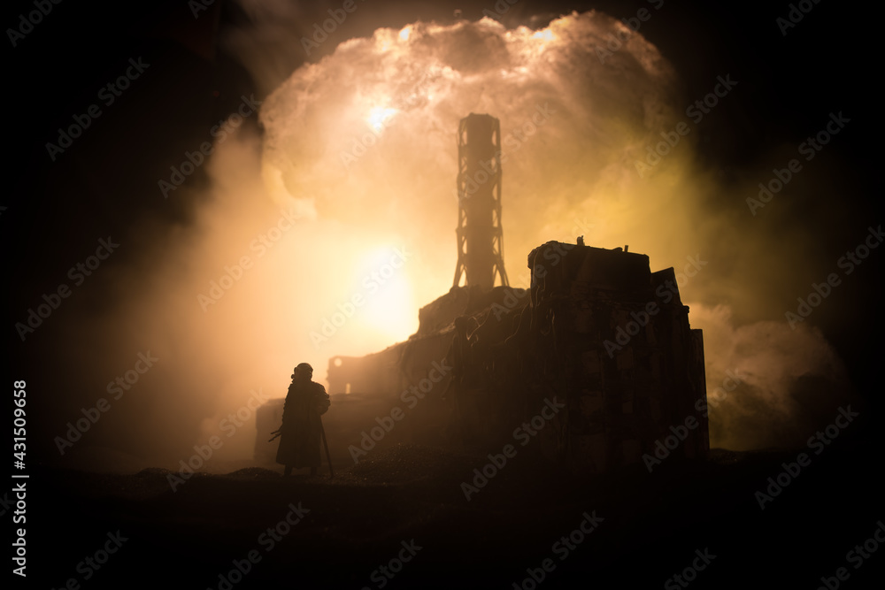 Creative artwork decoration. Chernobyl nuclear power plant at night ...