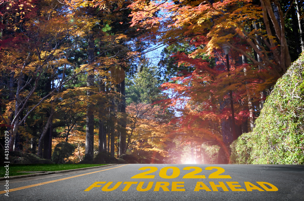 2022 future ahead word on road surface with autumn season background ...