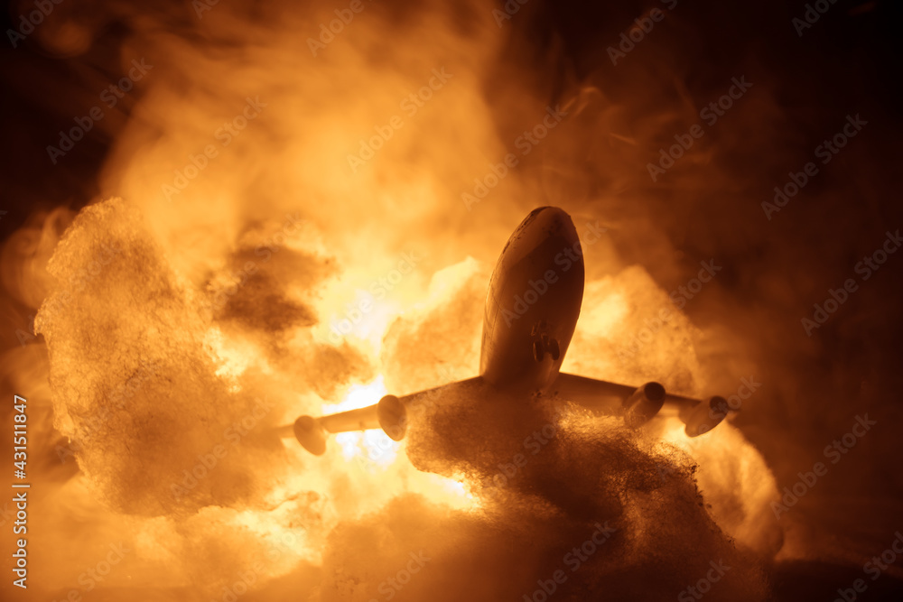 Air Crash. Burning falling plane. The plane crashed to the ground ...