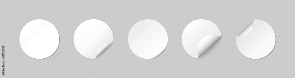 Round sticker with adhesive and curved corner. Mockup of paper circle ...