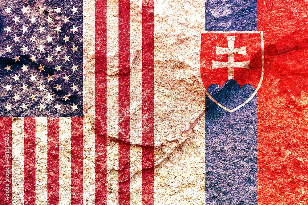 Flags of USA and Slovakia next to each other on a stobne wall texture ...