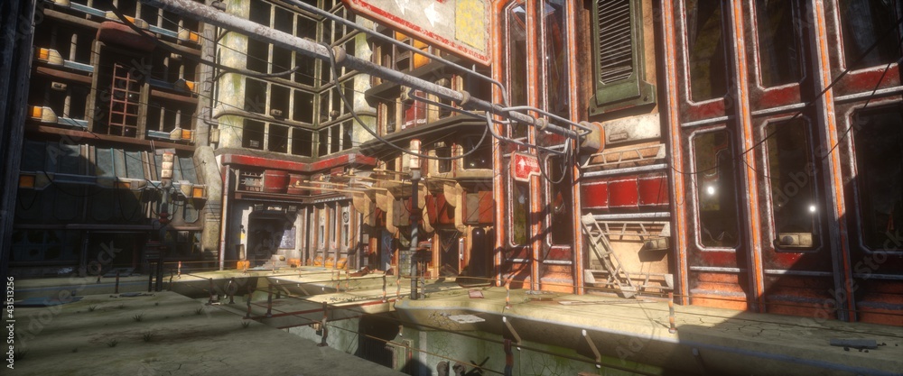 Bright sunny day in an abandoned futuristic city. Old buildings with ...