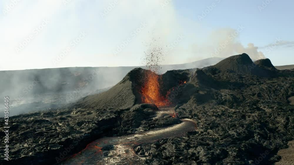 Red Molte Lava Flow And Fountain At Crater Of Fagradalsfjall Volcano In ...