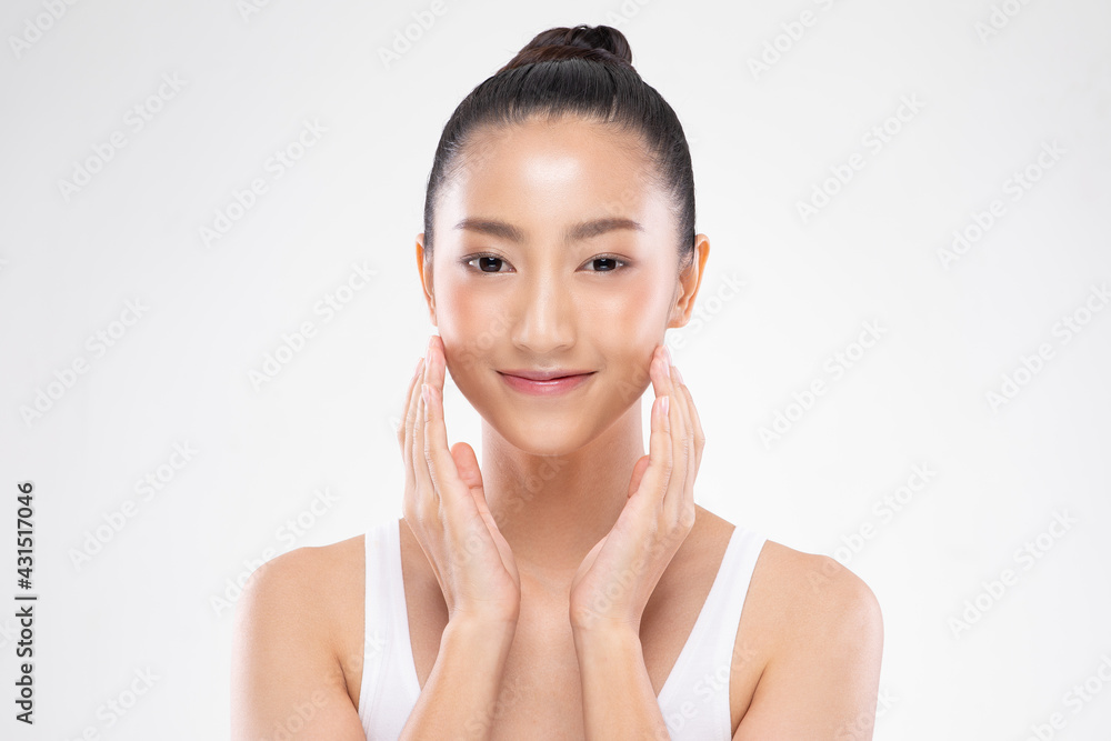 Wellness Asian young woman touch her cheek clean fresh and nutural pure ...