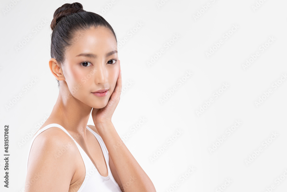 Wellness Asian young woman touch her cheek clean fresh and nutural pure ...
