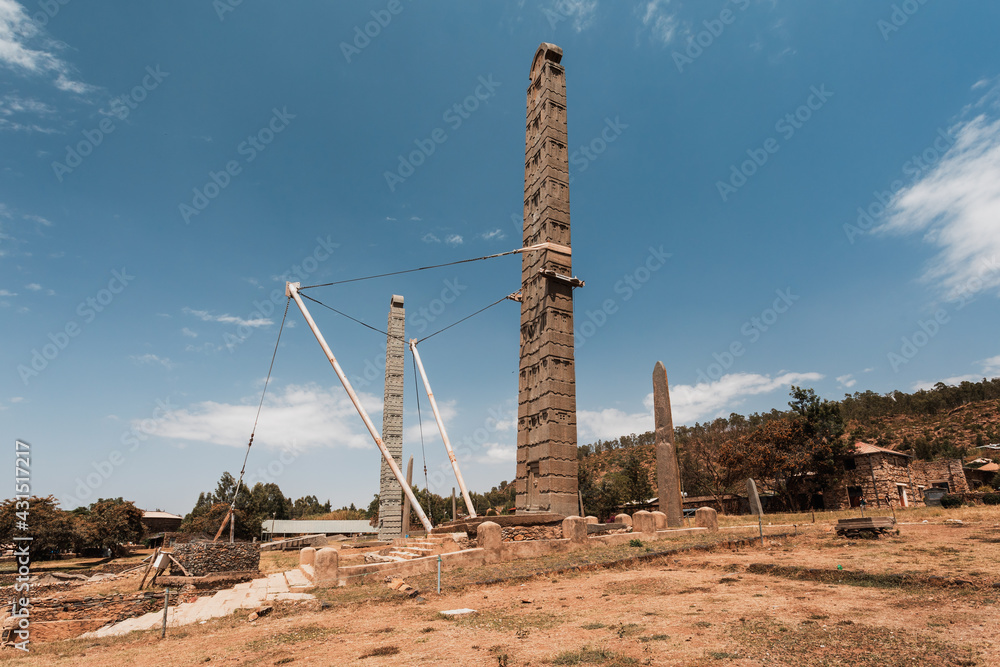 Aksumite civilization ruins, Ancient monolith stone obelisks behind ...