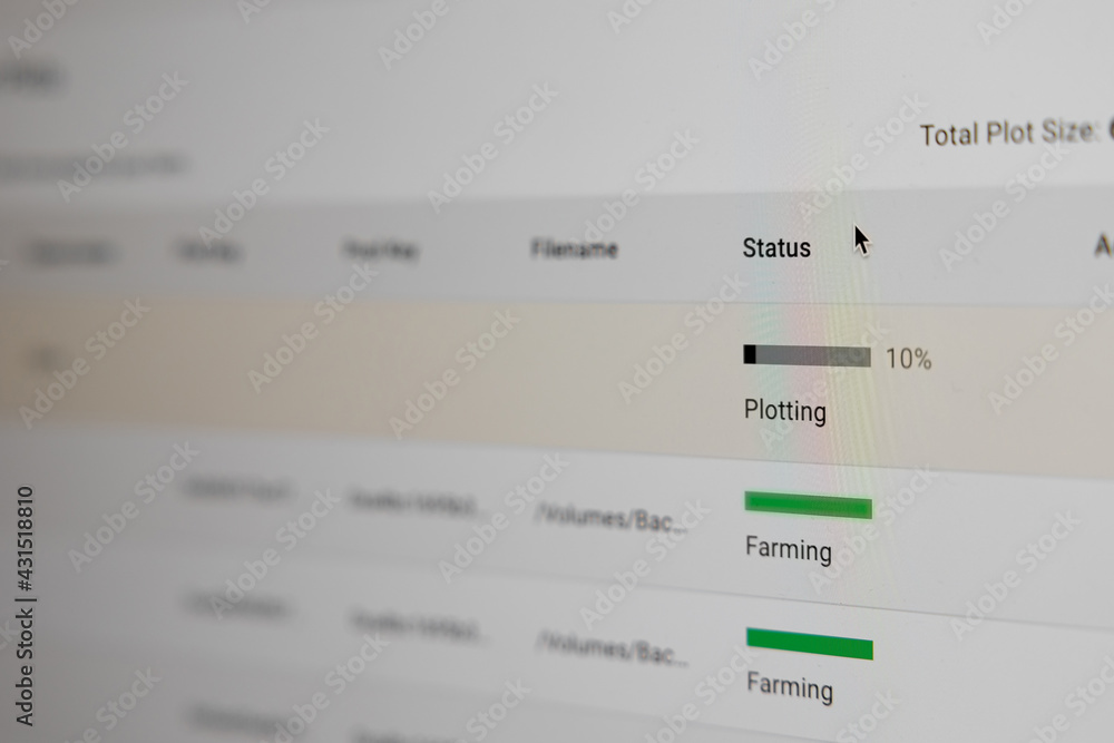 Chia cryptocurrency mining process. Program window with cryptocurrency ...