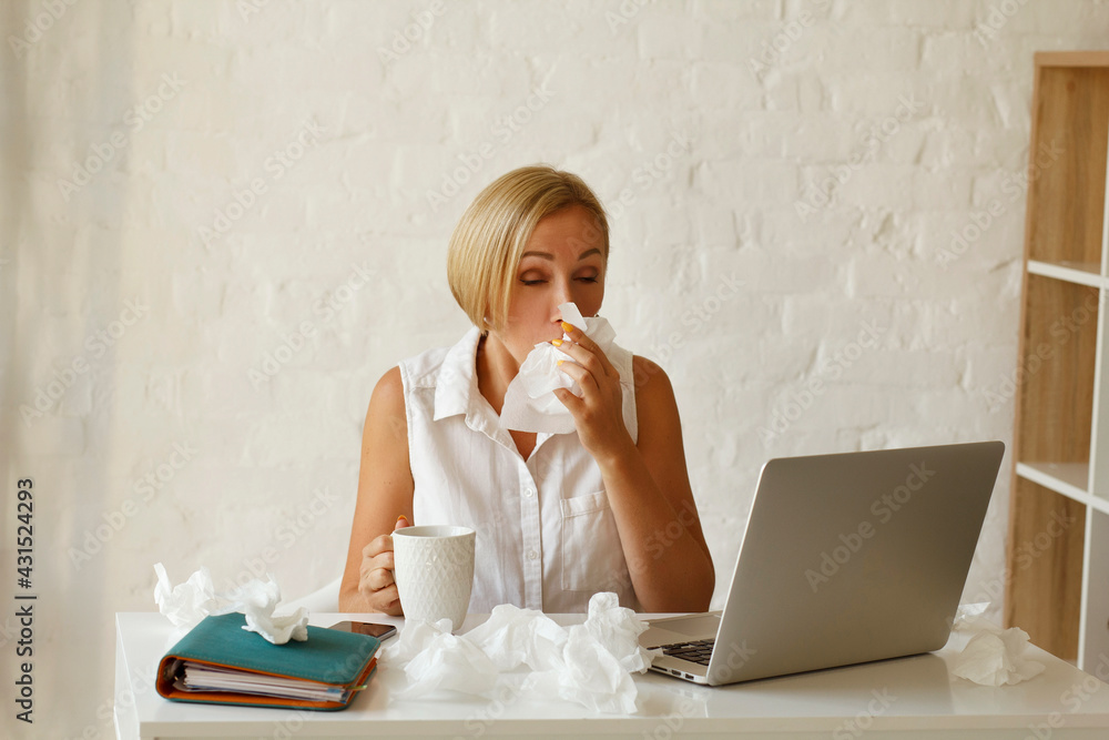 using laptop, business, flu, businesswoman, office, indoors, headache ...