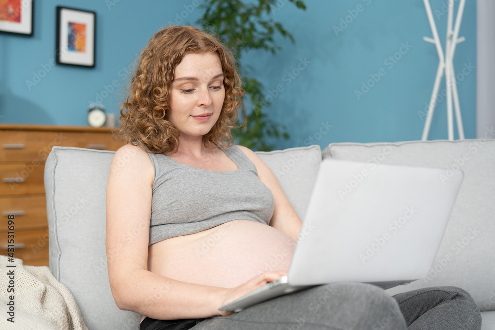Healthy pregnant woman sitting on sofa at home working on her laptop ...